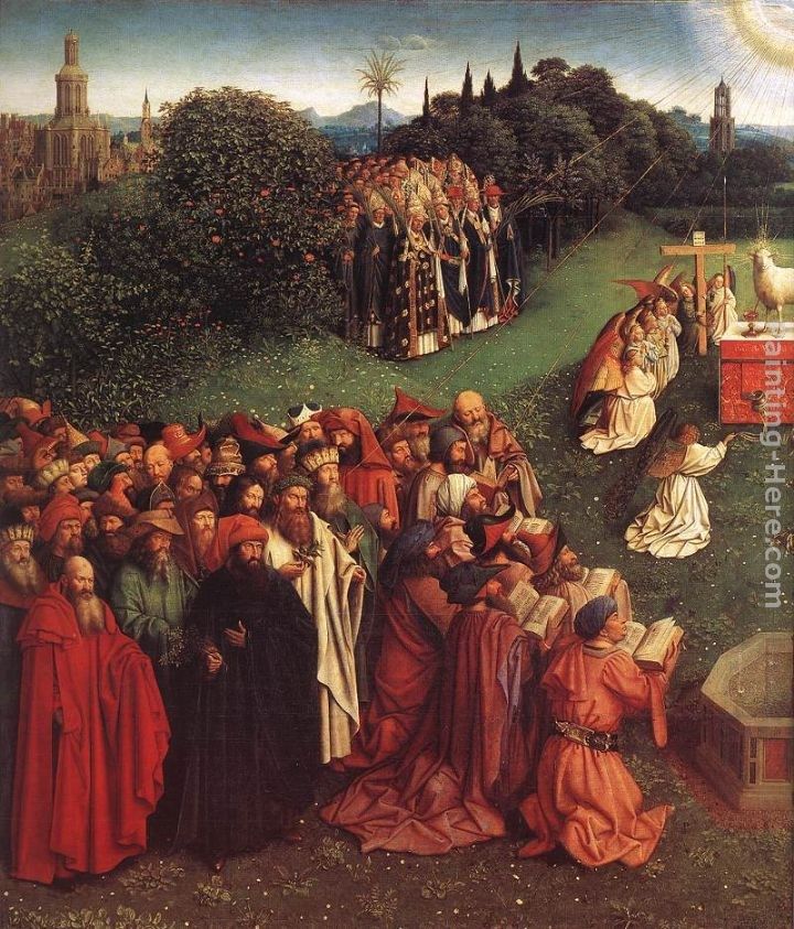 Jan van Eyck The Ghent Altarpiece Adoration of the Lamb [detail left ...